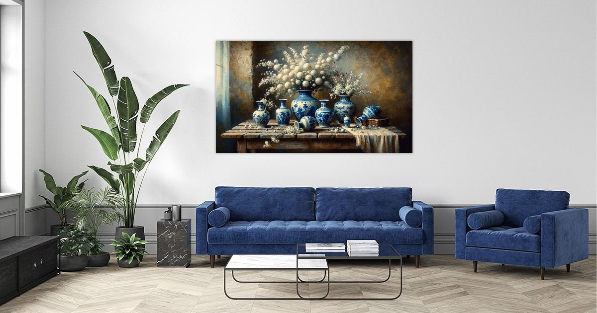 Stilleven met Delftsblauwe vazen van Art Studio RNLD op canvas, behang en meer